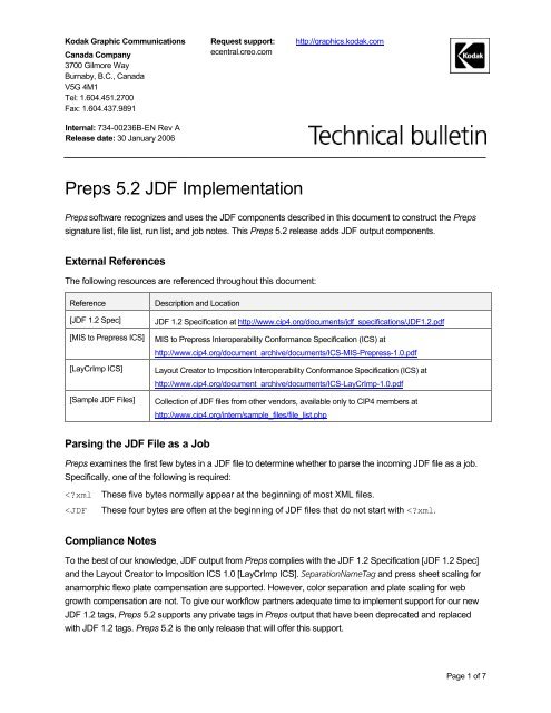 Preps 5.2 Implementation of the JDF Standard - Kodak