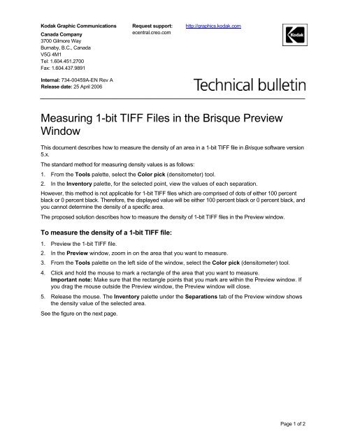 Measuring 1-bit TIFF files in the Brisque Preview window - Kodak