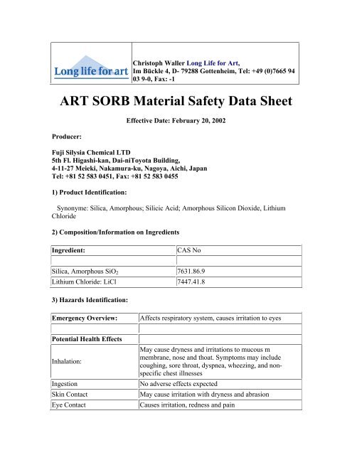 ART SORB Material Safety Data Sheet - Productos de Conservacion