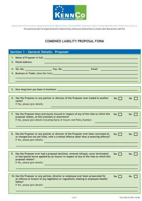 Combined Liability Proposal Form - Kennco Underwriting