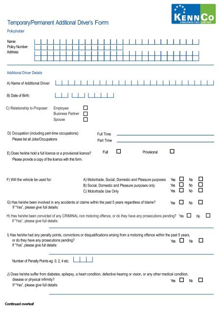 Additional Drivers Form - Kennco Underwriting