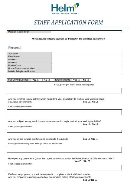 Staff application form (PDF) - Helm Training