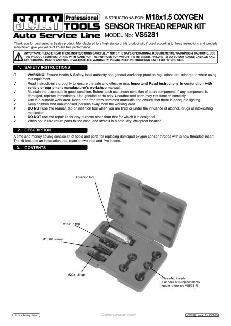 Instructions for the Sealey VS5281 Oxygen Sensor ... - Sitebox Ltd