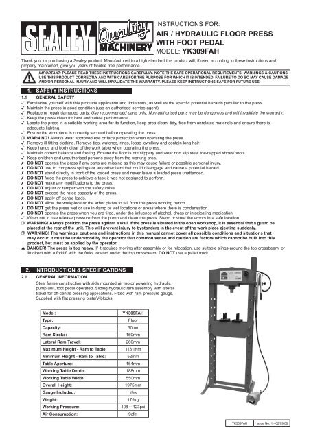 Sealey YK309FAH Air Hydraulic Press Premier 30tonne Floor Type ...