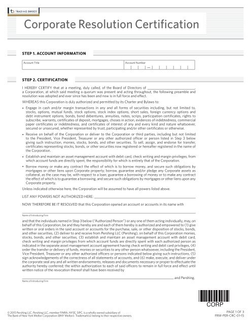 CORPORATE RESOLUTION CERTIFICATION - Trading Direct