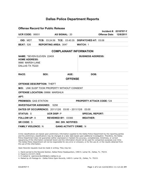 Dallas Police Department Reports - Police Reports