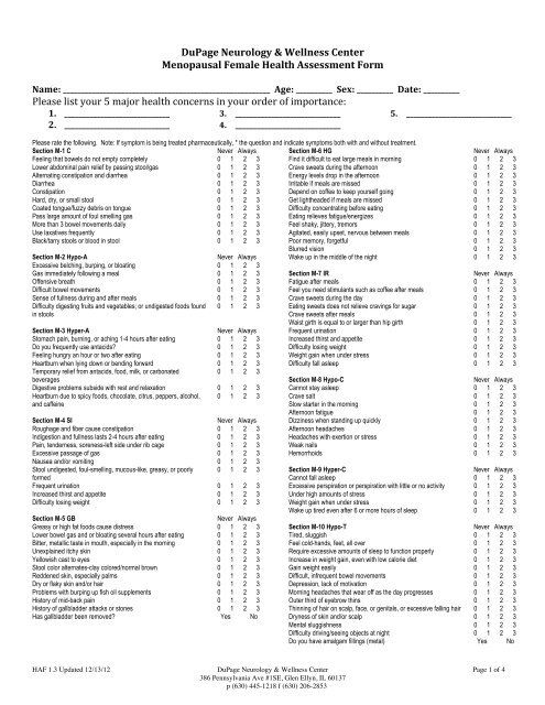 Health Assessment Form Menopausal Female (PDF) - DuPage ...
