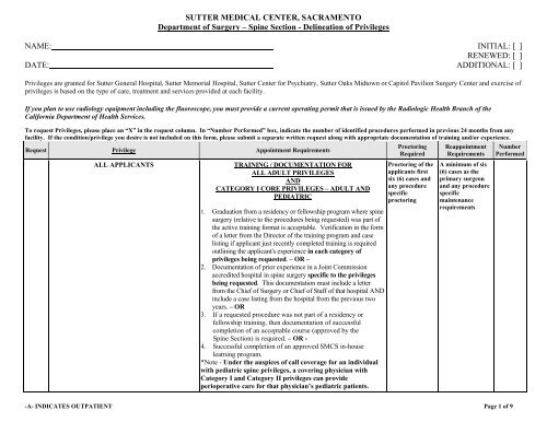 New Privilege List - Spine Surgery - Sutter Medical Center