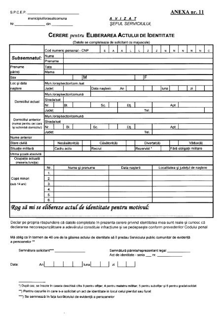 Cerere de eliberare a actului de identitate