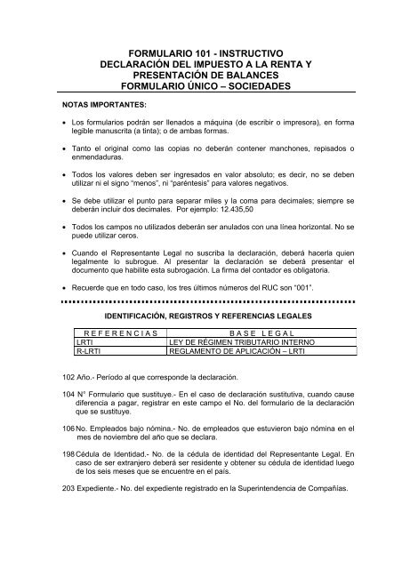 FORMULARIO 101 - INSTRUCTIVO - Servicio de Rentas Internas