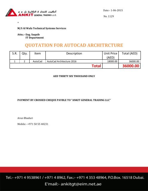 QUOTATION FOR AUTOCAD ARCHITRCTURE