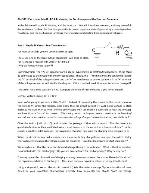 Phy 3311 Electronics Lab #4: RC & RL circuits, the Oscilloscope and ...