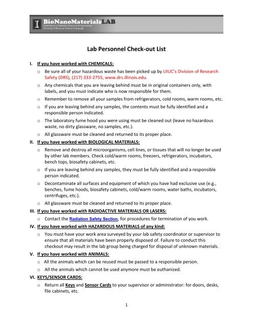 Lab Personnel Check-out List - Cheng Group