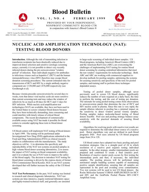 Nucleic Acid Amplification Technology (NAT): Testing Blood Donors