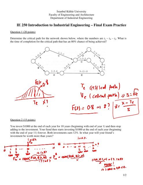 IE 250 Introduction to Industrial Engineering – Final Exam Practice