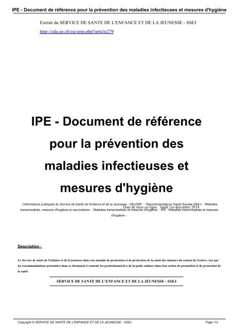 Documents de rÃ©fÃ©rence pour la prÃ©vention des maladies ... - Ge.ch