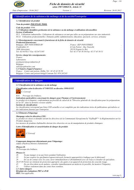 Fiche de Sécurité (FDS) - zepindustries.eu