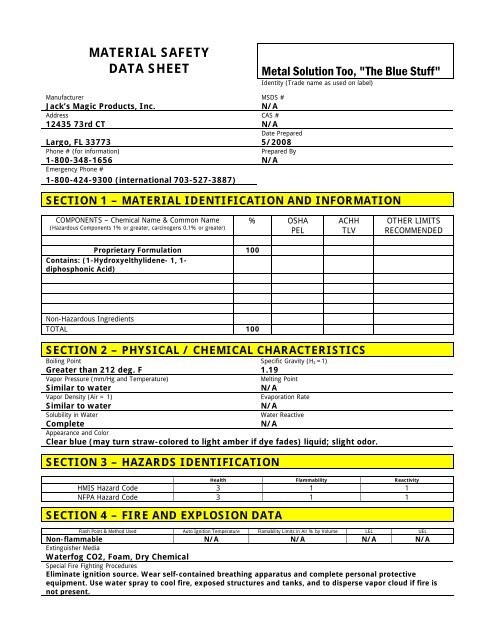 MATERIAL SAFETY DATA SHEET Metal Solution Too, "The Blue Stuff"