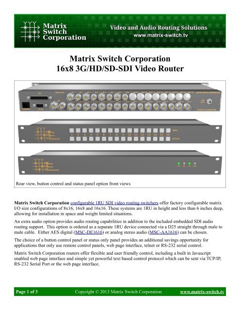 Matrix Switch Corporation 16x8 3G/HD/SD-SDI Video Router