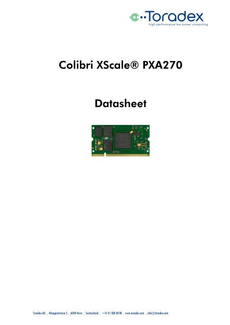 Colibri XScaleÂ® PXA270 Datasheet - Toradex
