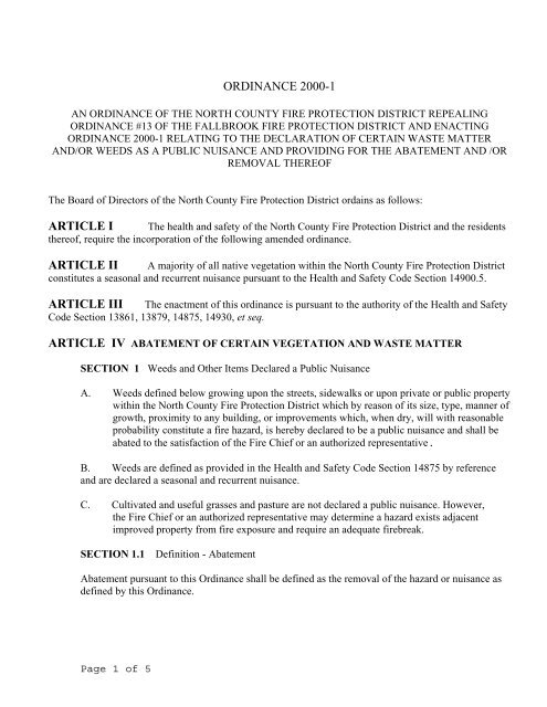 Weed Abatement Ordinance - North County Fire Protection District