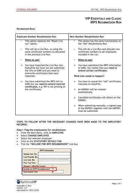 Essentials and Classic - Resubmission Run - VIP Payroll