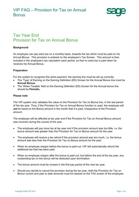 Provision for Tax on Bonus - Sage VIP Payroll