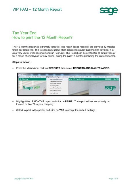 Sage VIP - 12month report - Sage VIP Payroll