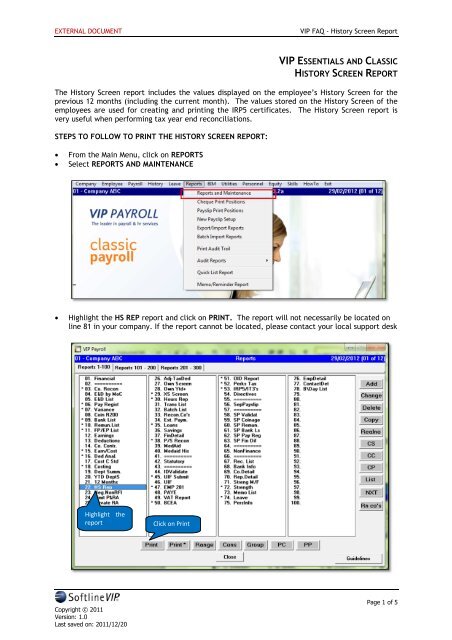 Essentials and Classic - History Screen Report - VIP Payroll