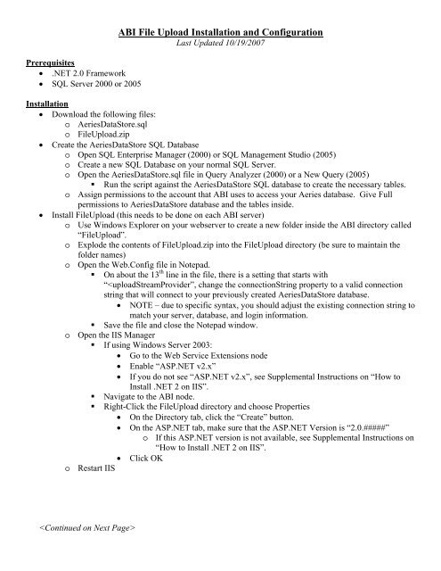 ABI File Upload Installation and Configuration