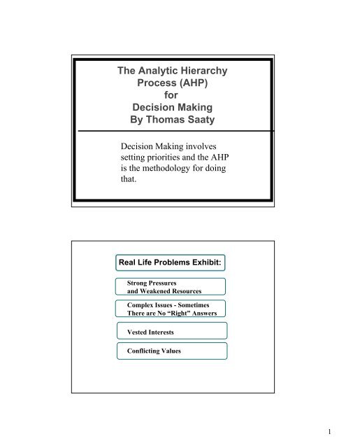 The Analytic Hierarchy Process (AHP) for Decision Making By ...