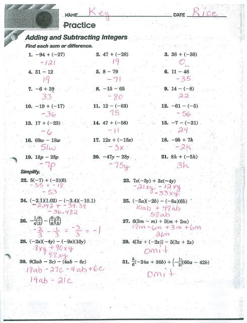 Integer & Combine Like Terms Worksheet Key