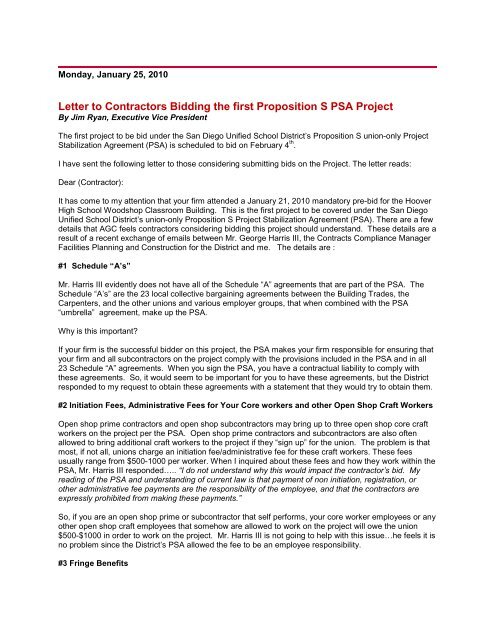 Letter to Contractors Bidding the first Proposition S PSA Project