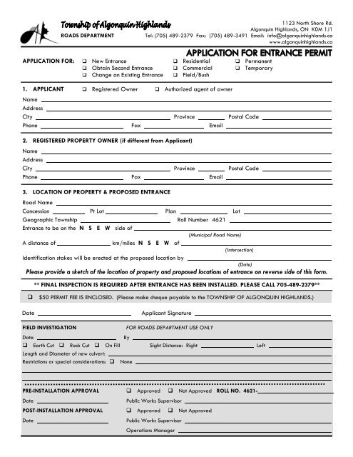 Entrance Permit Application (pdf - 153KB) - Township of Algonquin ...