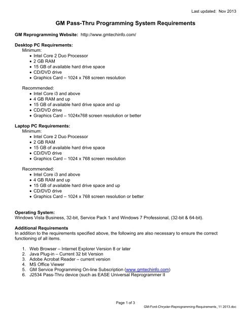 GM, Ford & Chrysler Pass-Thru Programming System Requirements