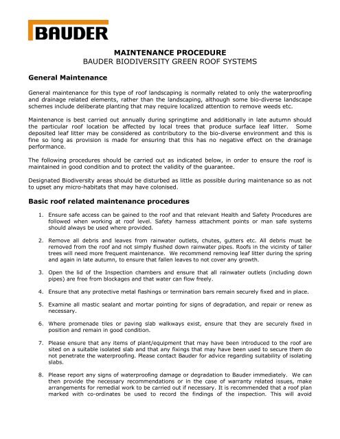 maintenance procedure bauder biodiversity green roof systems