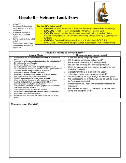 Grade 6 – Science Look Fors