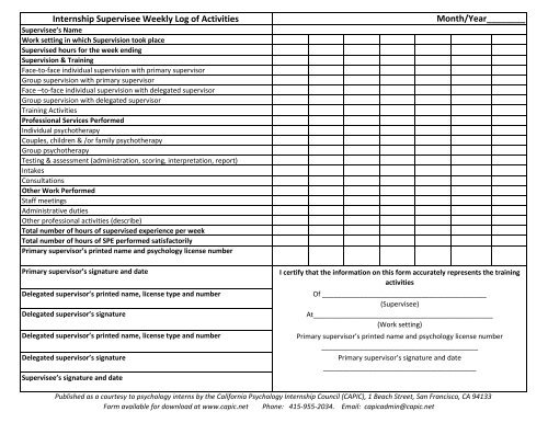 Internship Supervisee Weekly Log of Activities Month ... - capic