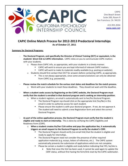 CAPIC Online Match Process for 2012-2013 Predoctoral Internships