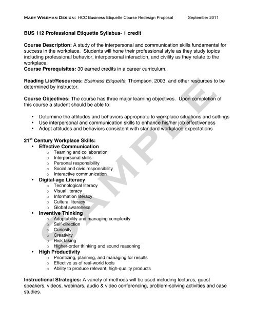 My Business Etiquette redesign sample syllabus - Mary Wiseman ...