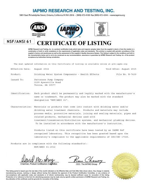 NSF 61 Certificate - Patterson Pump Company