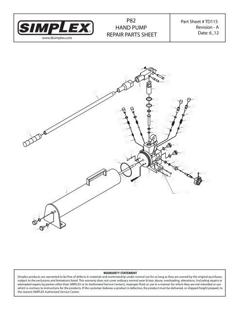 P82 HAND PUMP REPAIR PARTS SHEET - Simplex