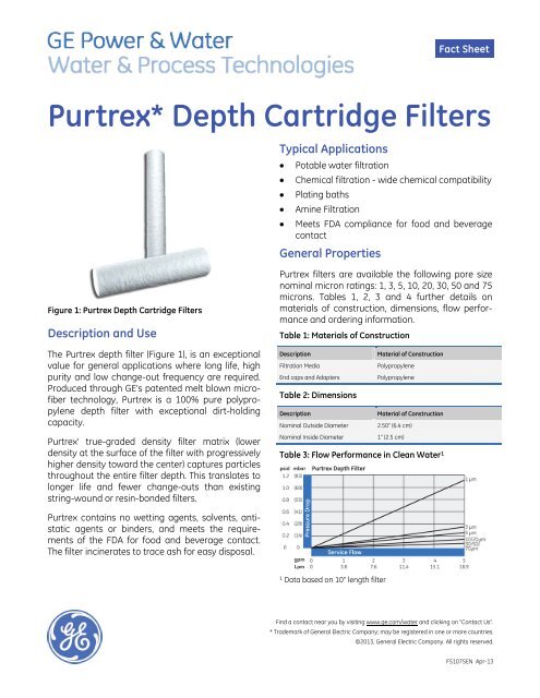GE Purtrex Filter Cartridge Data Sheet - aQuatell