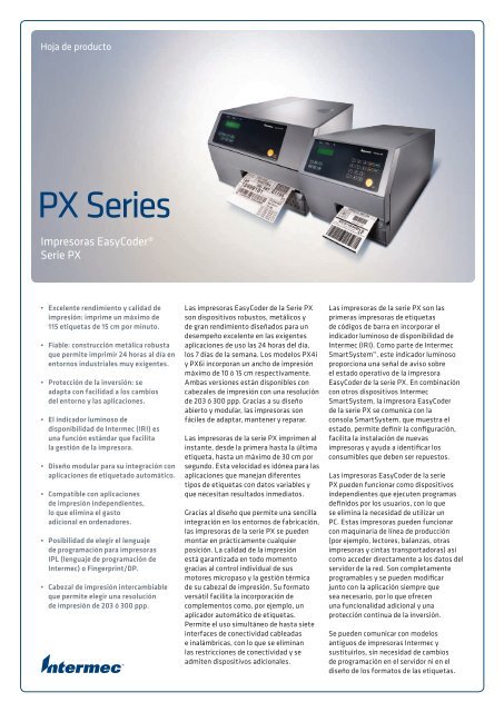 Especificaciones tÃ©cnicas impresora PX6i de Intermec