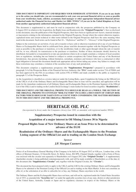 Supplementary Prospectus issued in connection with ... - Heritage Oil