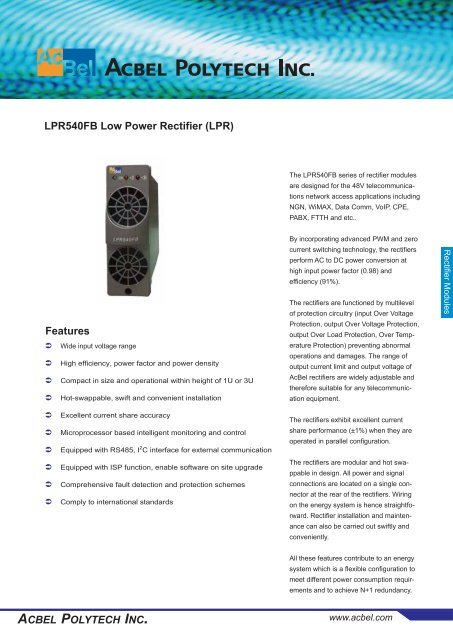 ACBEL POLYTECH INC. Features LPR540FB Low Power Rectifier ...