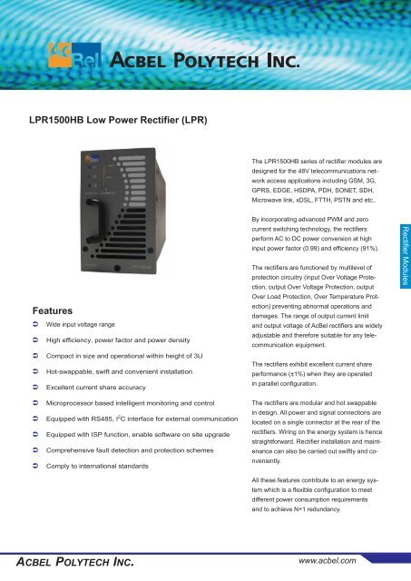 ACBEL POLYTECH INC. Features LPR1500HB Low Power Rectifier ...