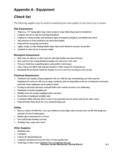 Appendix A - Equipment Check list - Miami Conservancy District