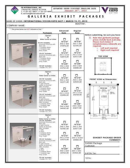 The Galleria Booth Package Order Form - Vision Expo East