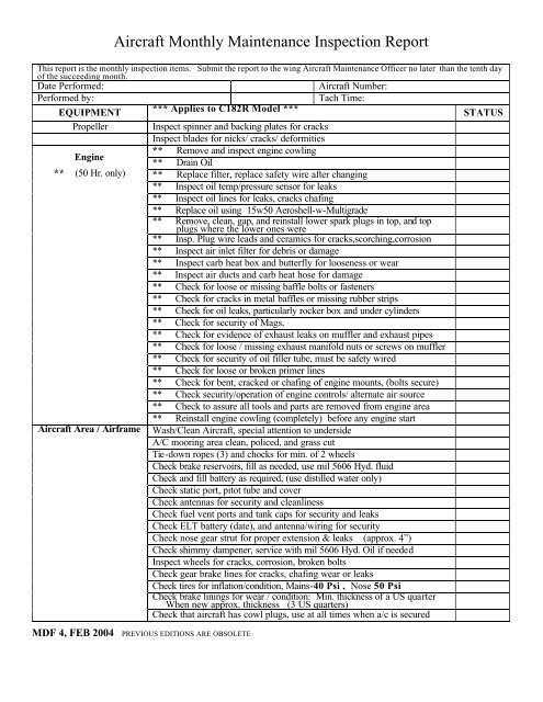 Aircraft Monthly Maintenance Inspection Report - Longwebs.org